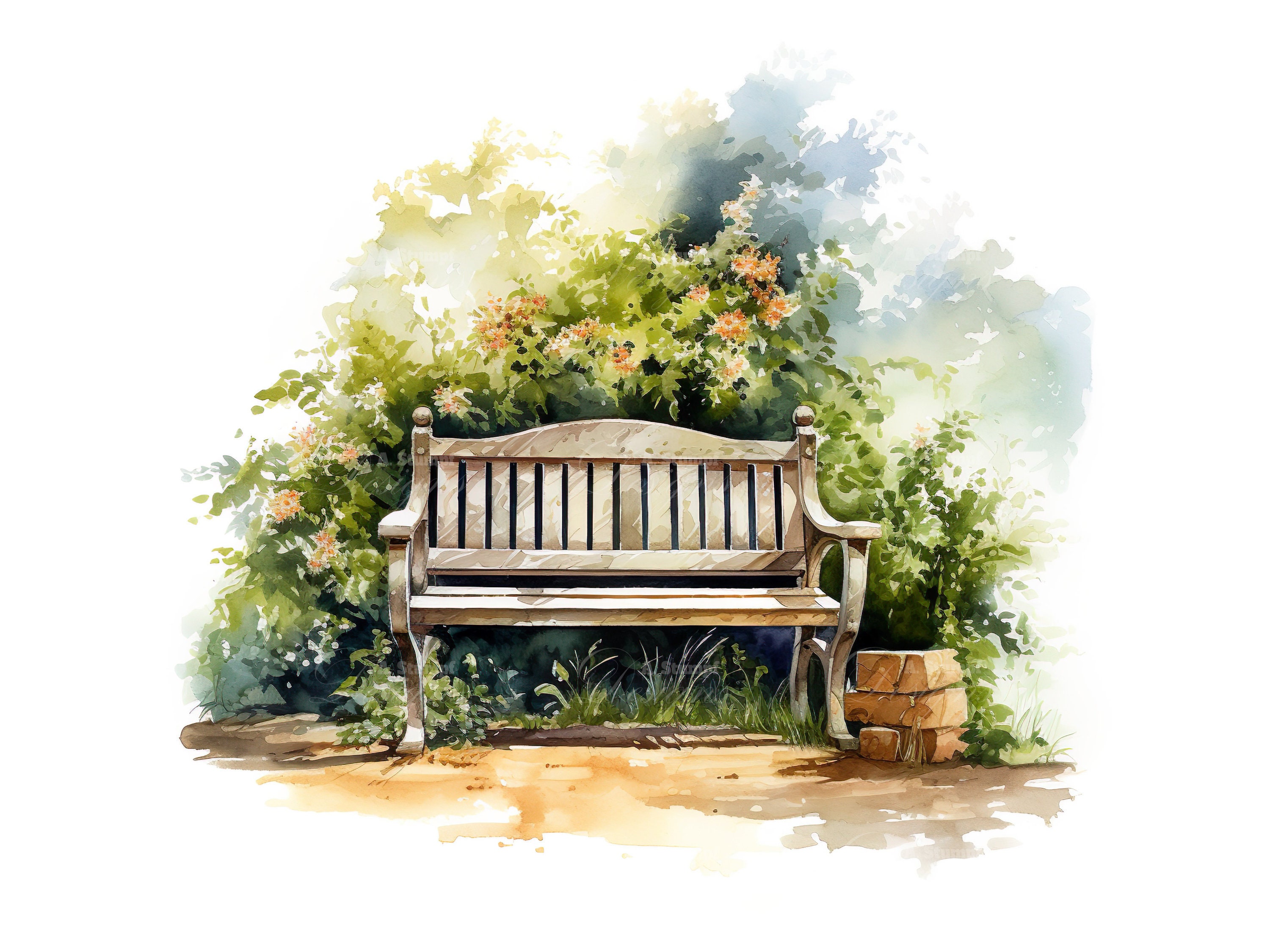 10 Park Bench Clipart Summer Scenery Illustration Digital Watercolor ...