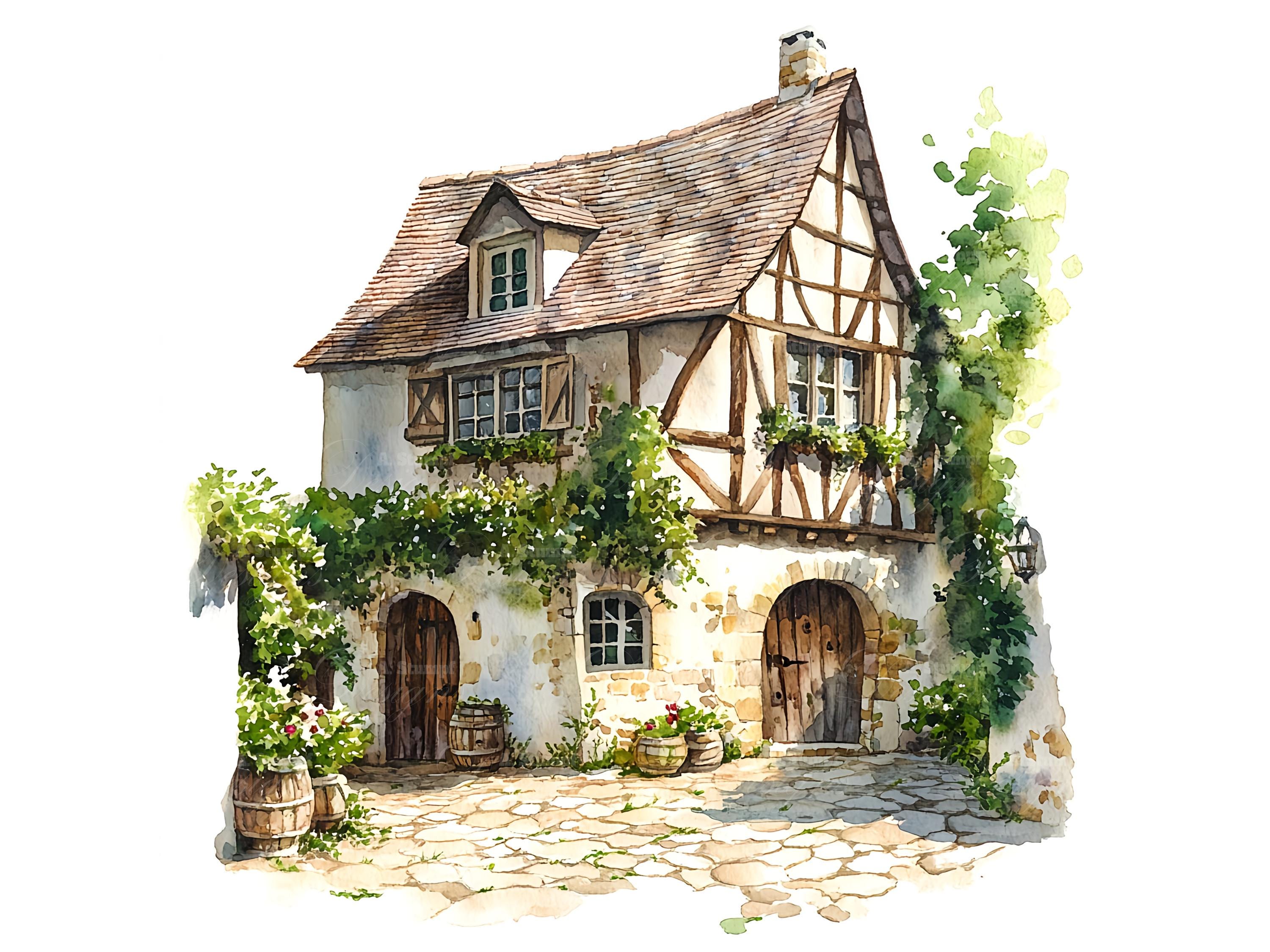 10 Medieval Era House Clipart Set Digital Watercolor Old Cottage ...