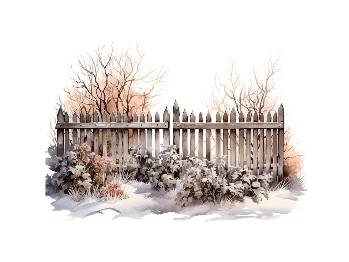 10 Winter Garden Fence Clipart Digital Watercolor Set Seasonal ...
