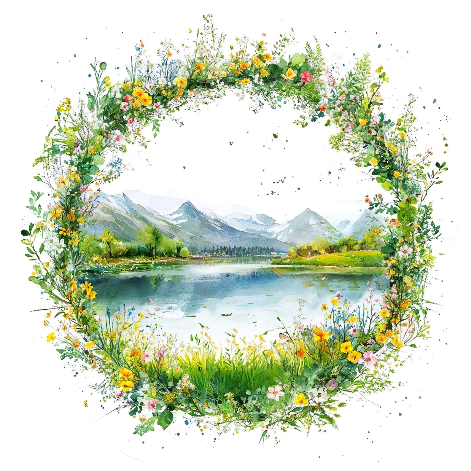 10 Spring Lake Landscape Clipart Set Digital Watercolor Painting Floral ...