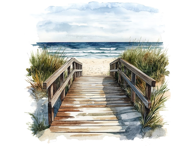 10 Boardwalk Beach Path Clipart Digital Watercolor Painting Seaside ...