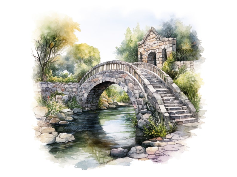 10 Cobblestone Bridge Summer Clipart, Digital Watercolor Painting ...