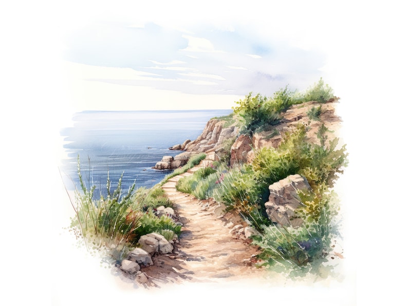 10 Clifftop Walkway Clipart Set Digital Watercolor Painting Ocean View ...