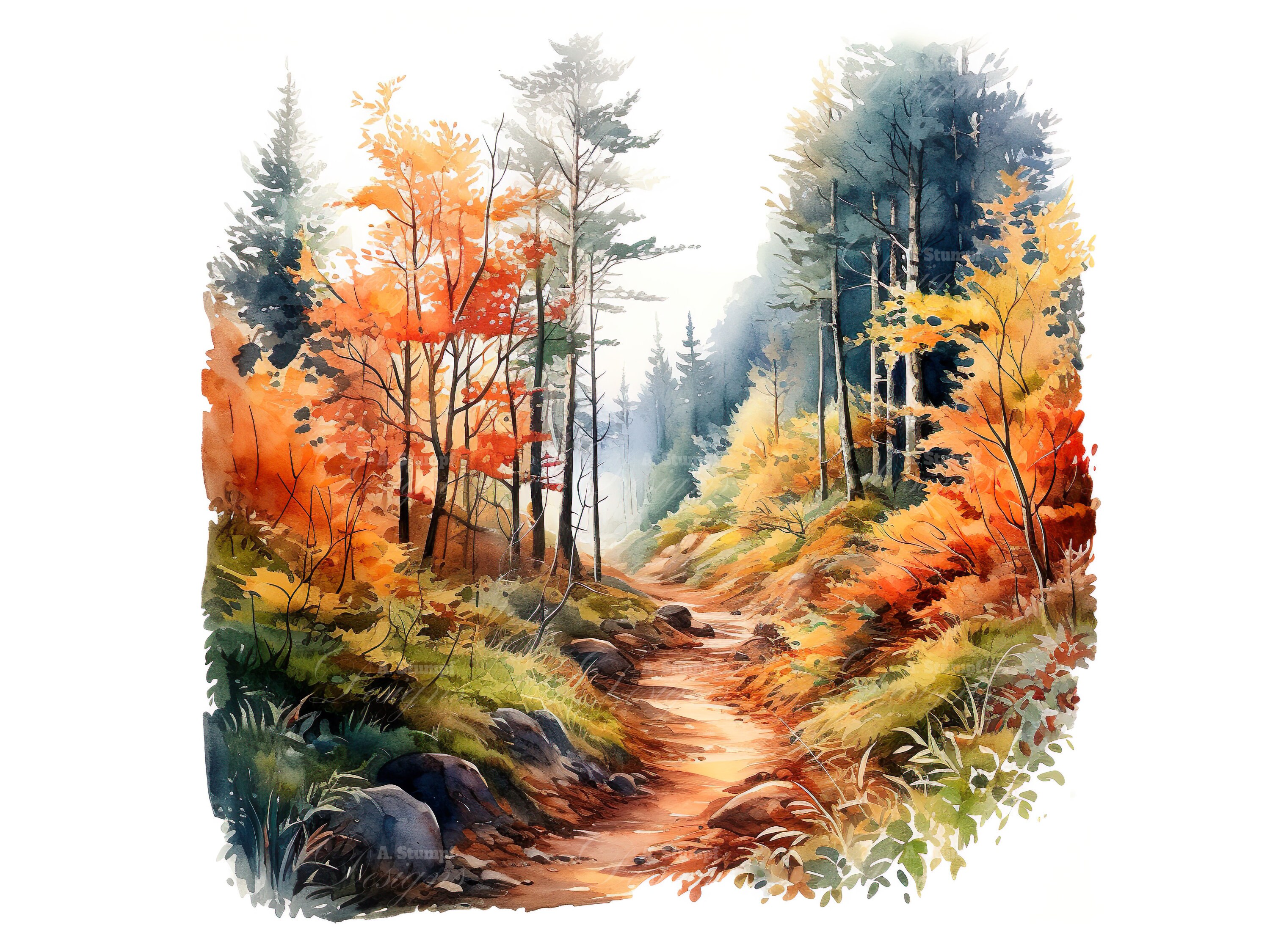 10 Autumn Forest Hiking Trail Clipart Watercolor Nature Paintings ...