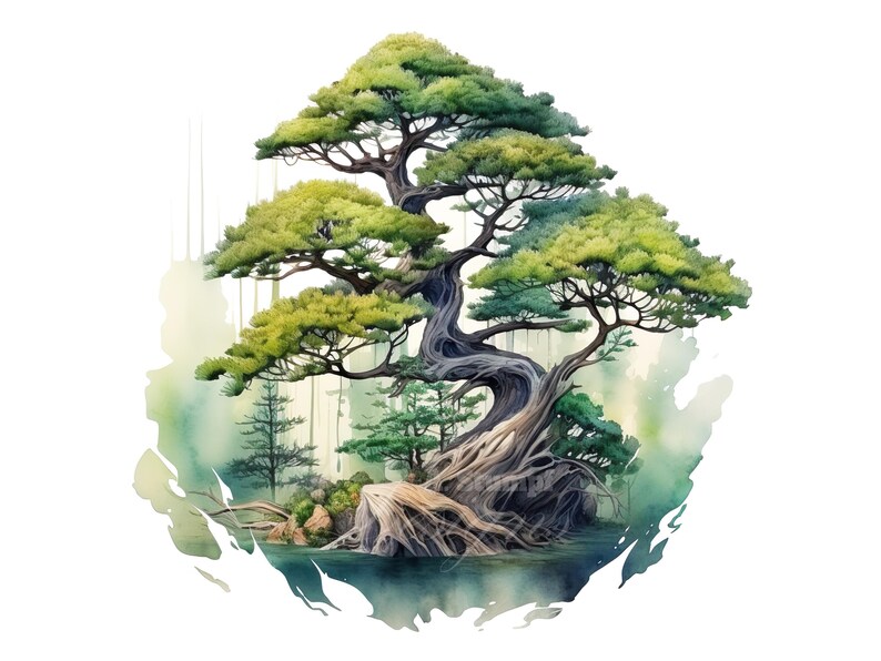 10 Bonsai Tree Clipart Set Digital Watercolor Painting Japanese Nature ...