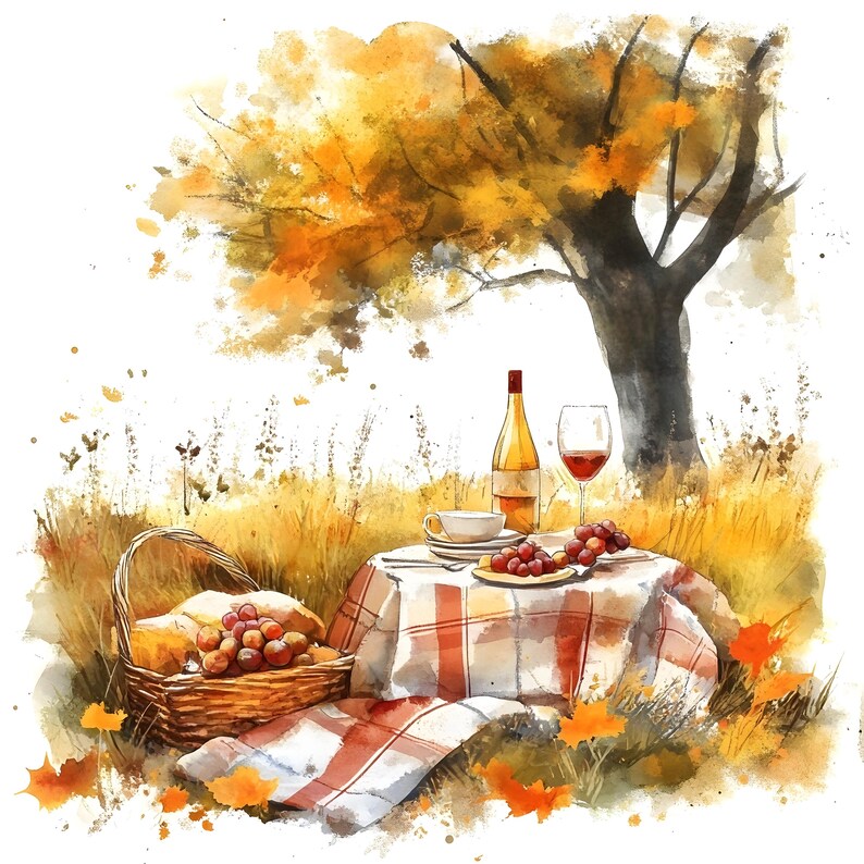 10 Picnic Autumn Scenery Clipart Digital Watercolor Rustic Fall ...
