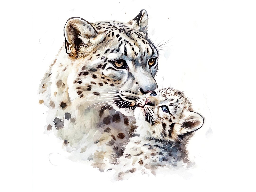 10 Snow Leopard Mother With Her Baby Clipart Set Digital Watercolor ...