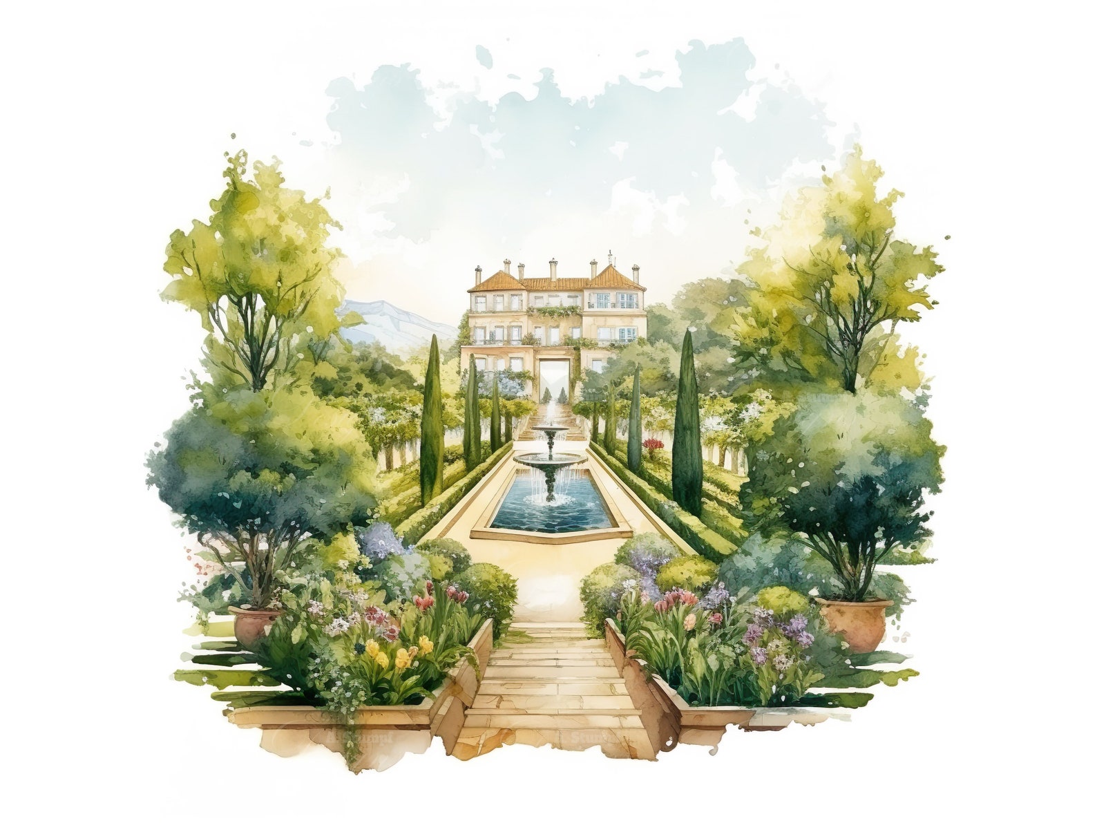 10 Formal Garden Elegant Landscape Clipart Set Digital Watercolor ...