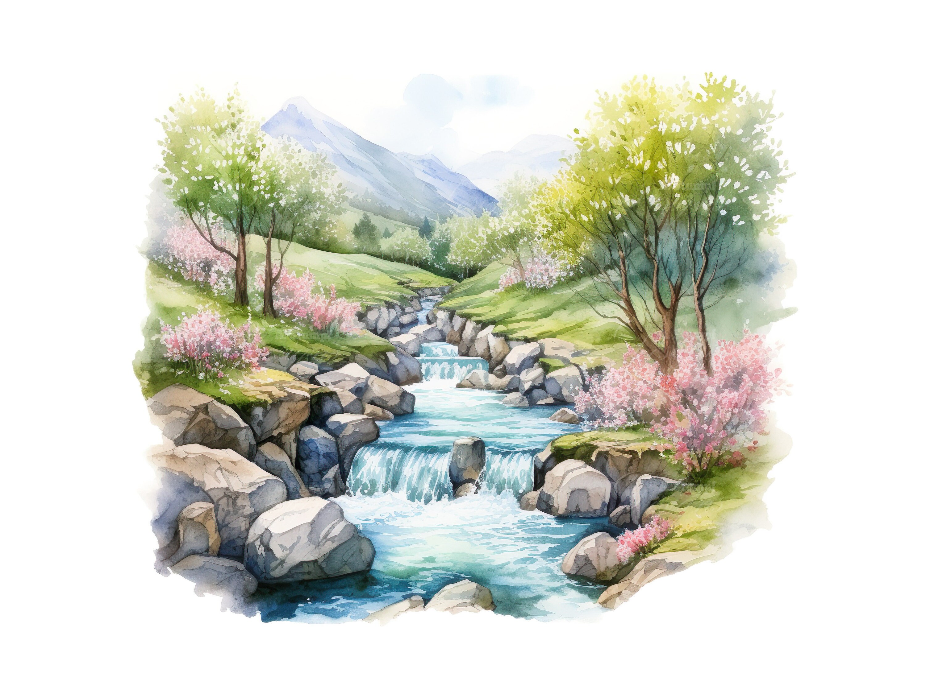 10 Mountain Stream Spring Landscape Clipart Set Digital Watercolor ...