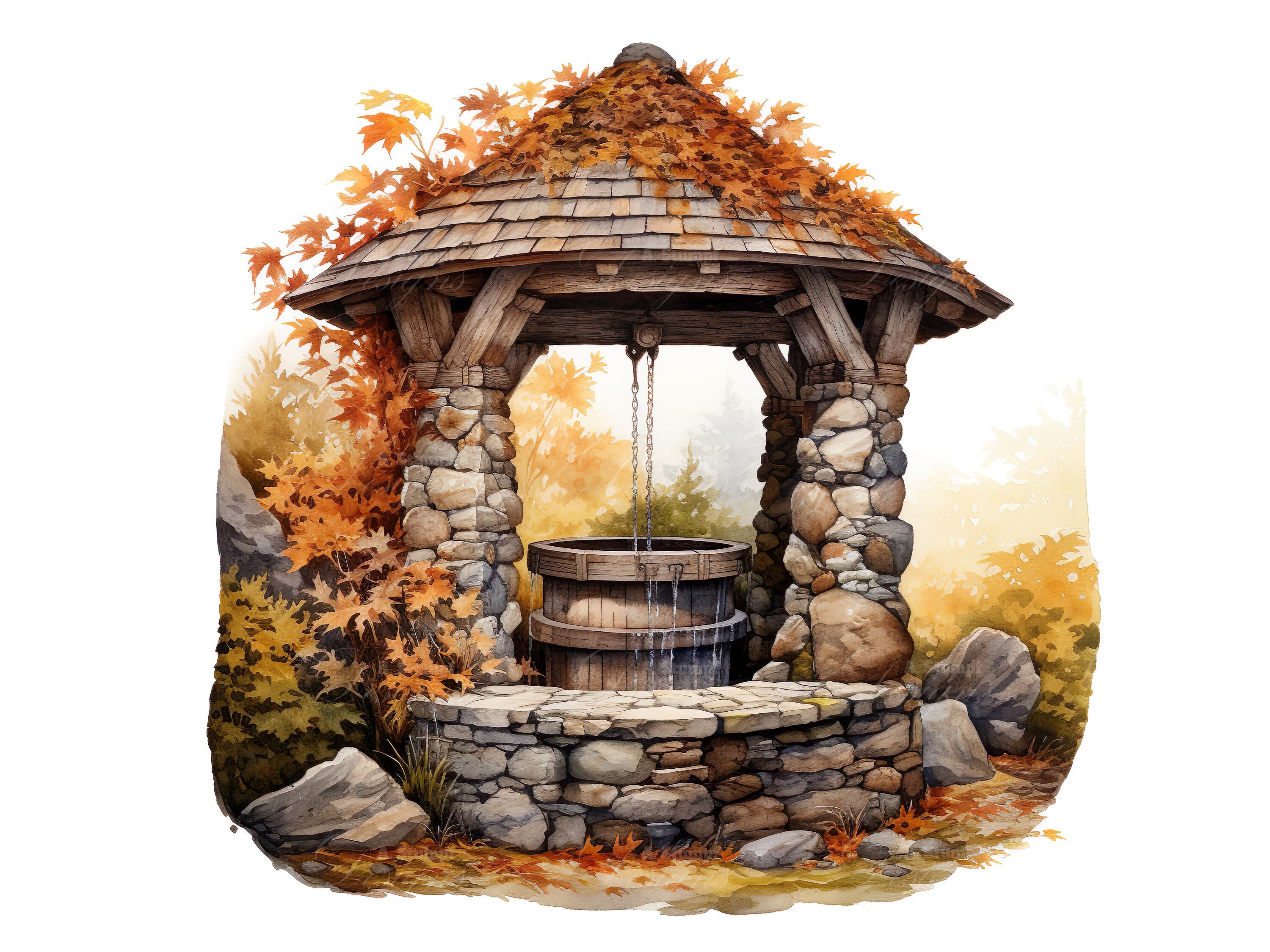 Stone Well Clipart Fall Clipart Set Autumn Watercolor Art Autumn ...
