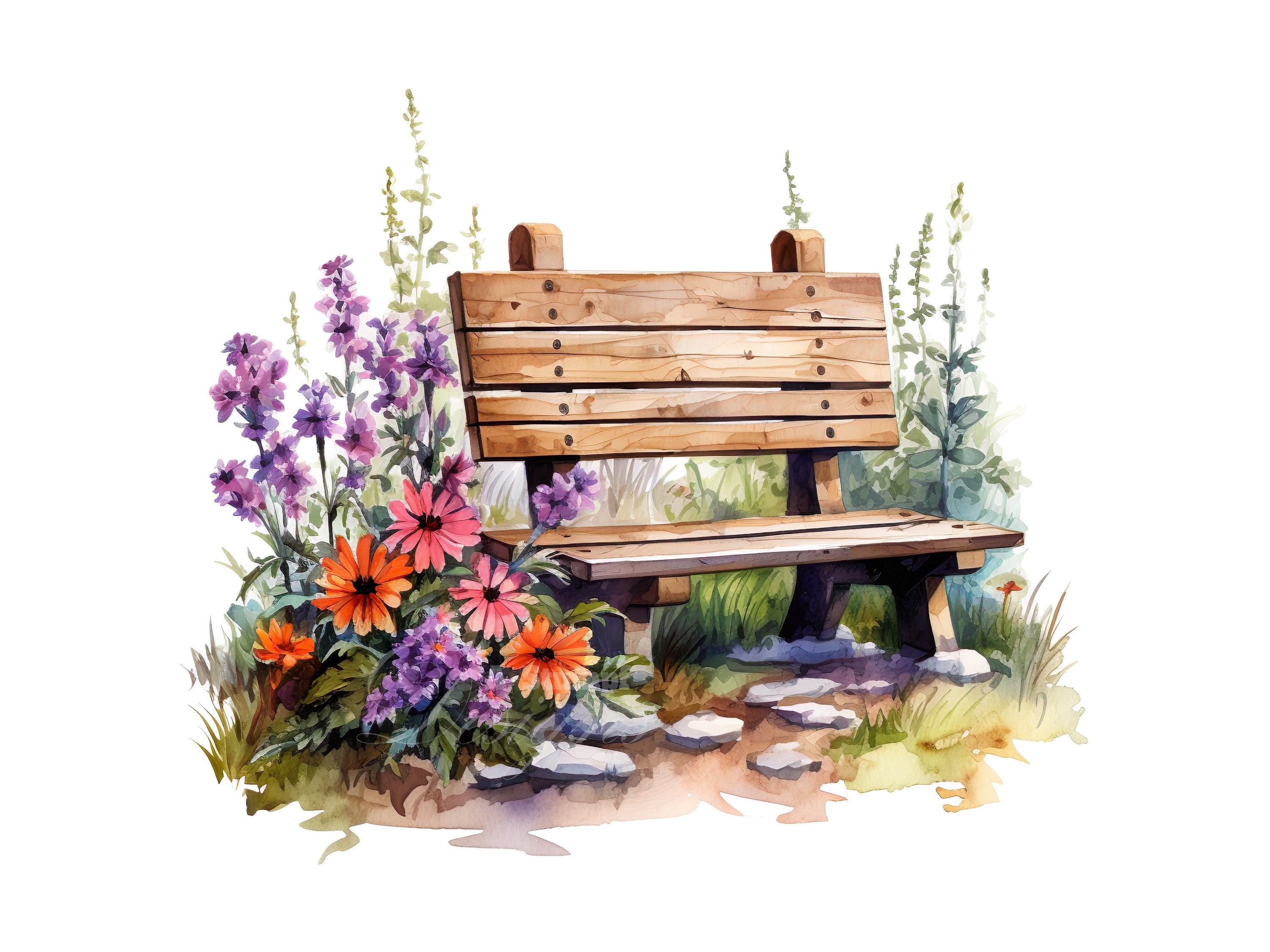 Floral Art Print Bench Clipart Set Garden Bench Watercolor Clipart ...