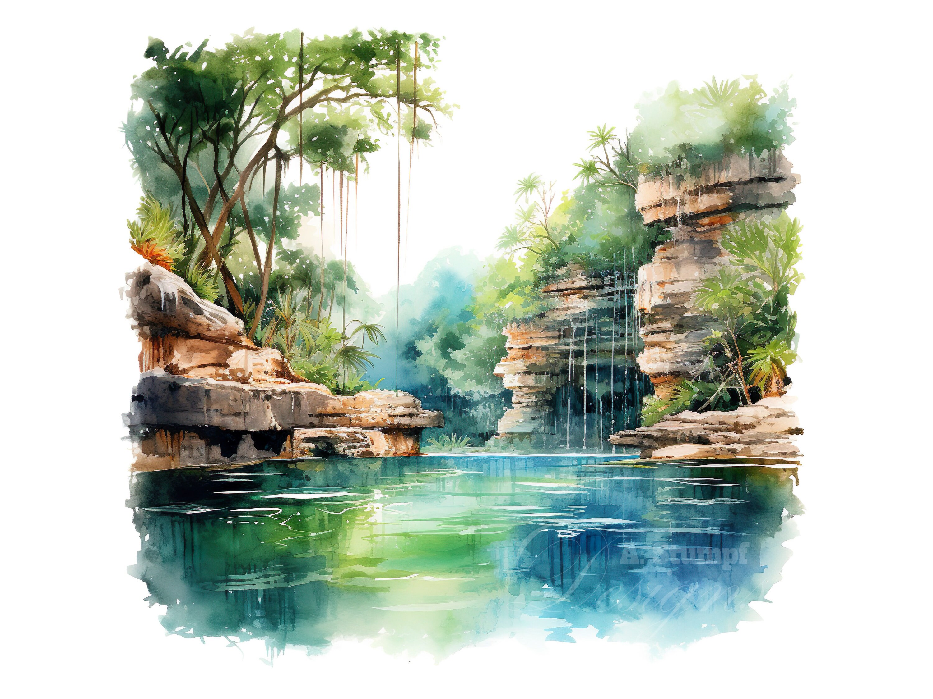 Cenote Landscape, Watercolor Clipart Set, Nature Illustration, Tropical ...