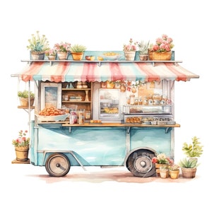 10 Street Food Cart Truck Clipart Set Digital Watercolor Painting ...