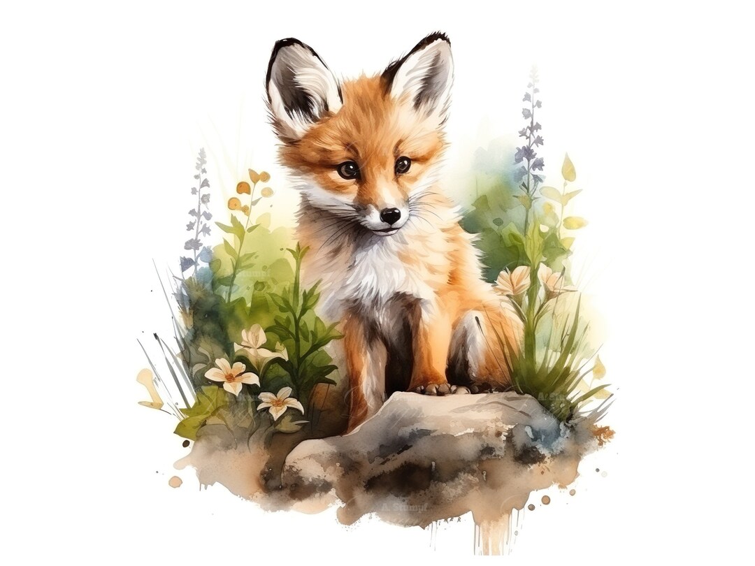 10 Cute Wild Fox Baby Clipart Set Digital Watercolor Nature Painting ...