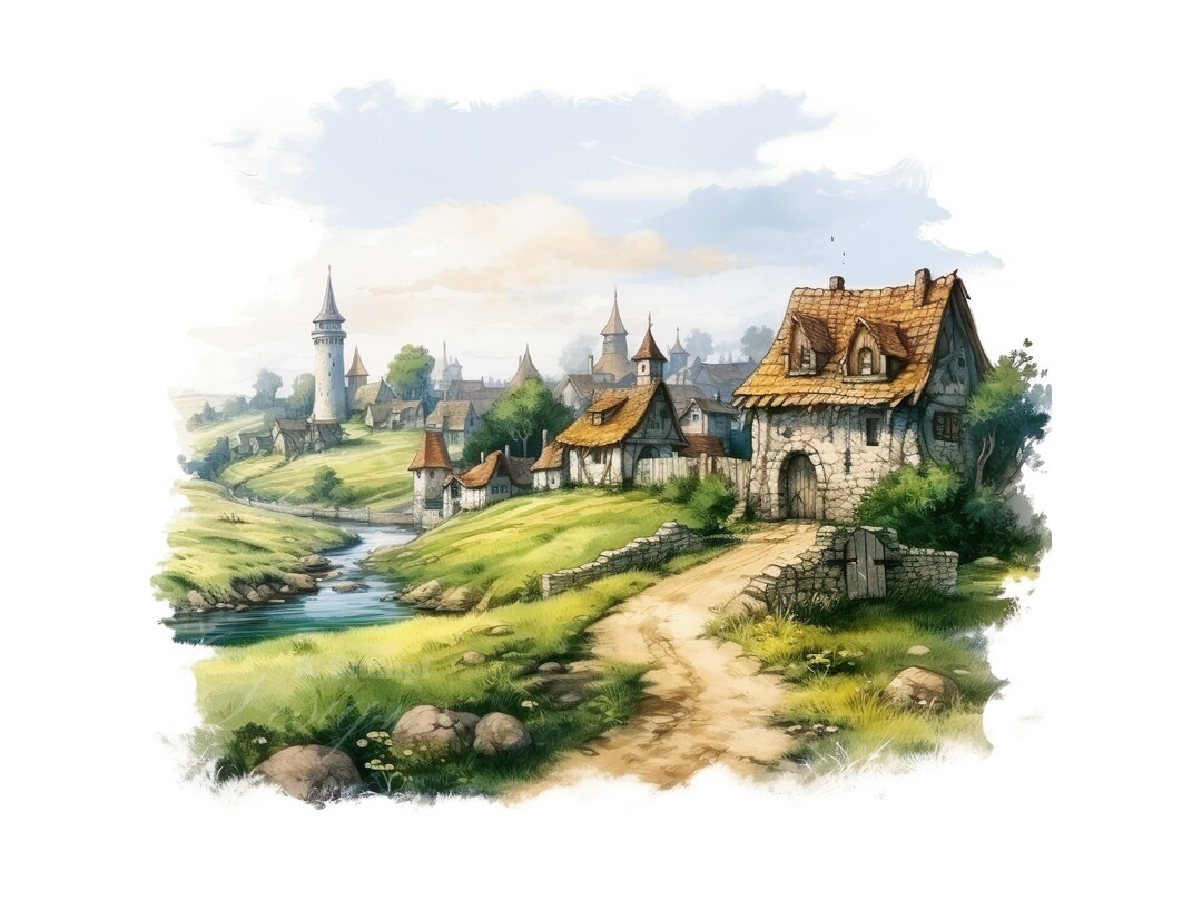 10 Medieval Village Landscape Clipart Set Digital Watercolor Historical ...
