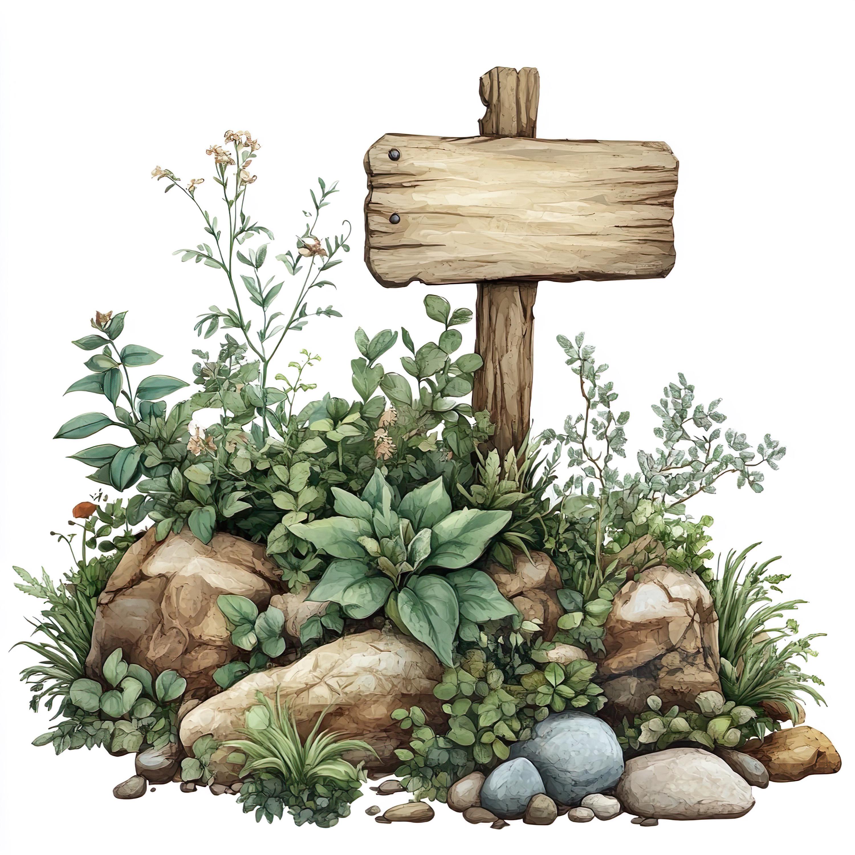 10 Old Empty Wooden Garden Sign With Rocks and Plants Clipart Set ...