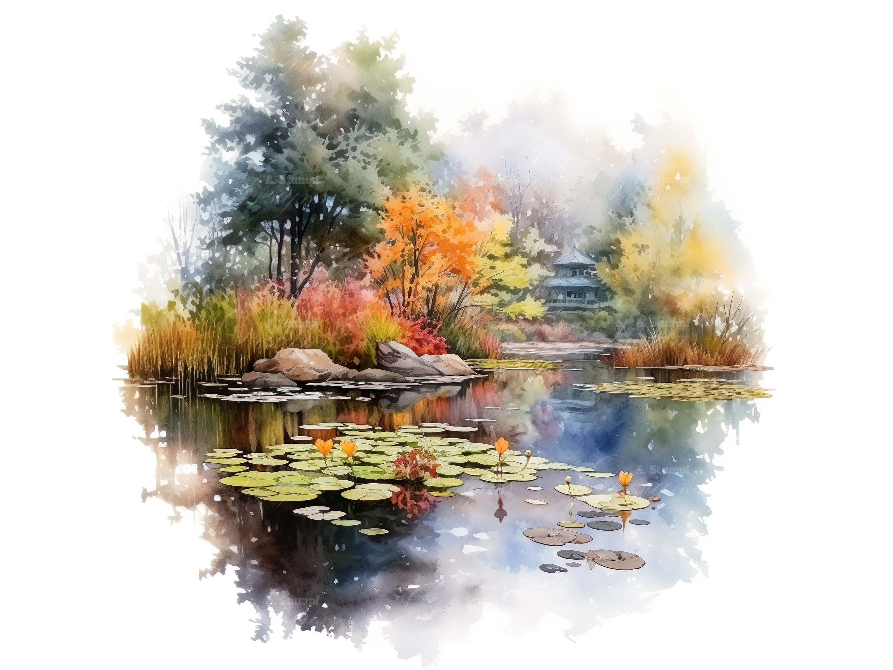 10 Garden Pond in Autumn Clipart Set Fall Pond Scene Illustration ...