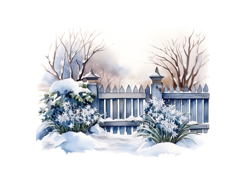 10 Winter Garden Fence Clipart Digital Watercolor Set Seasonal ...