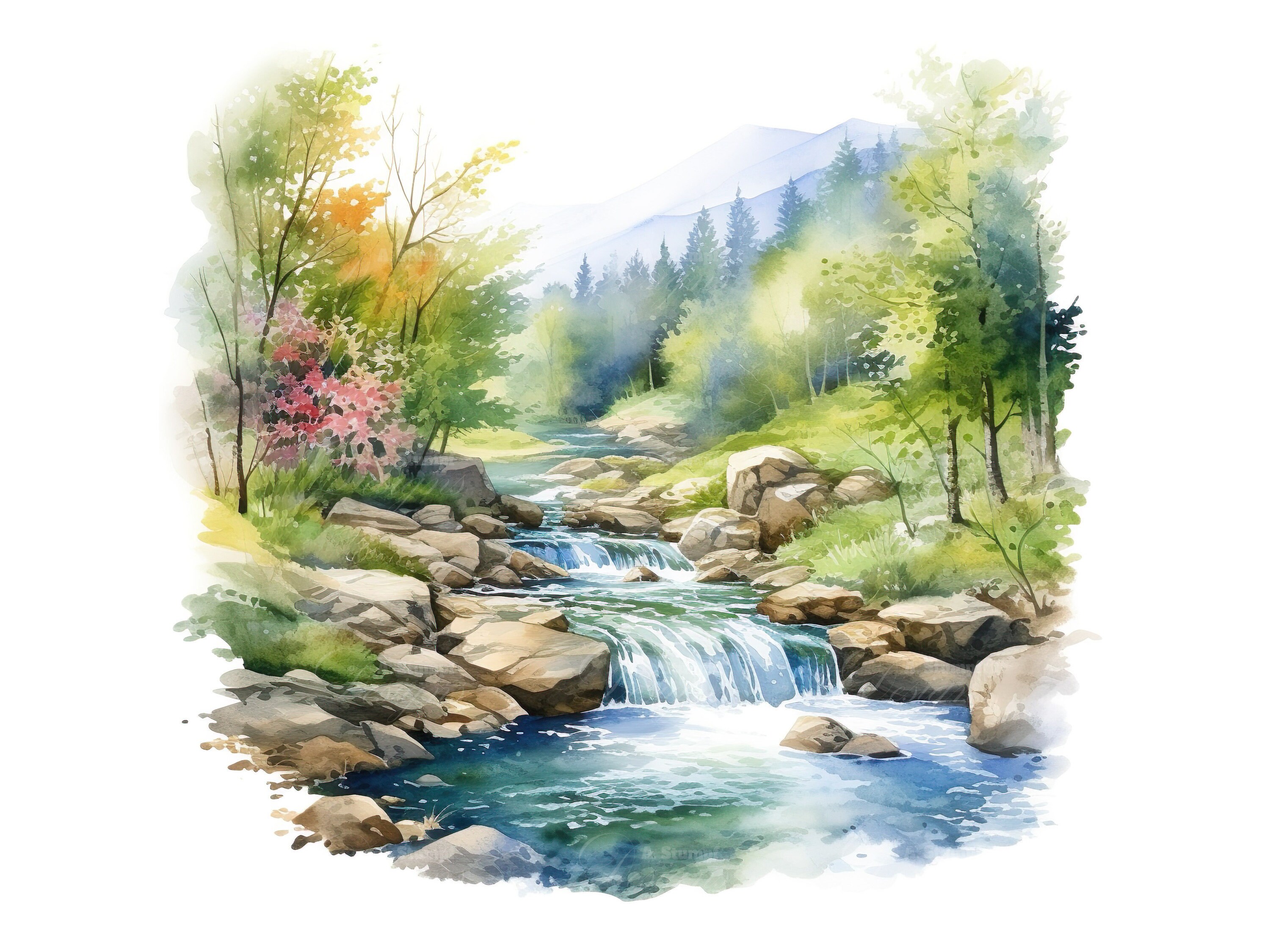 10 Mountain Stream Spring Landscape Clipart Set Digital Watercolor ...
