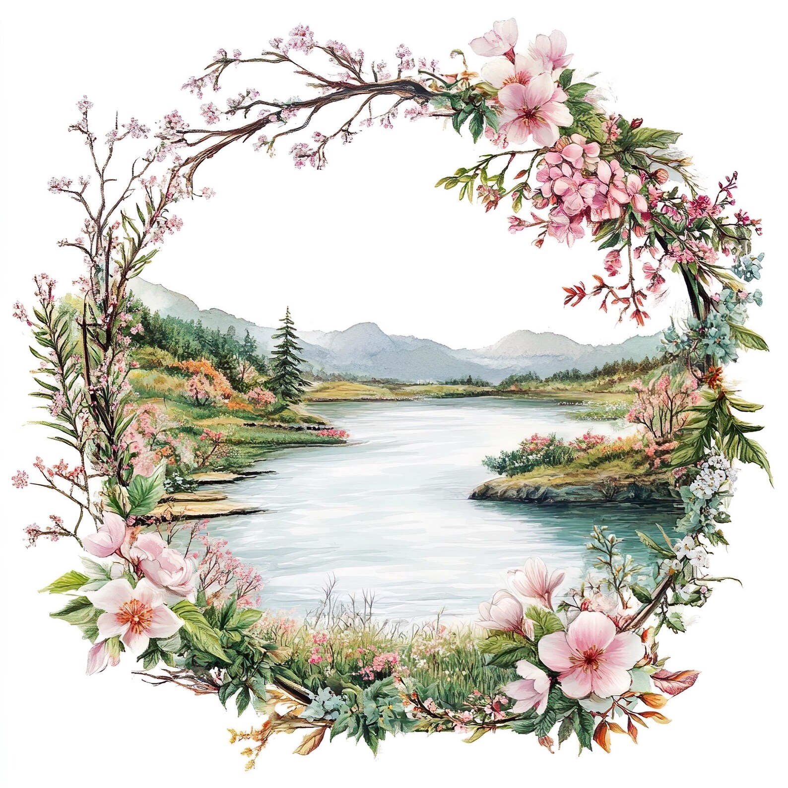 10 Spring Lake Landscape Clipart Set Digital Watercolor Painting Floral ...