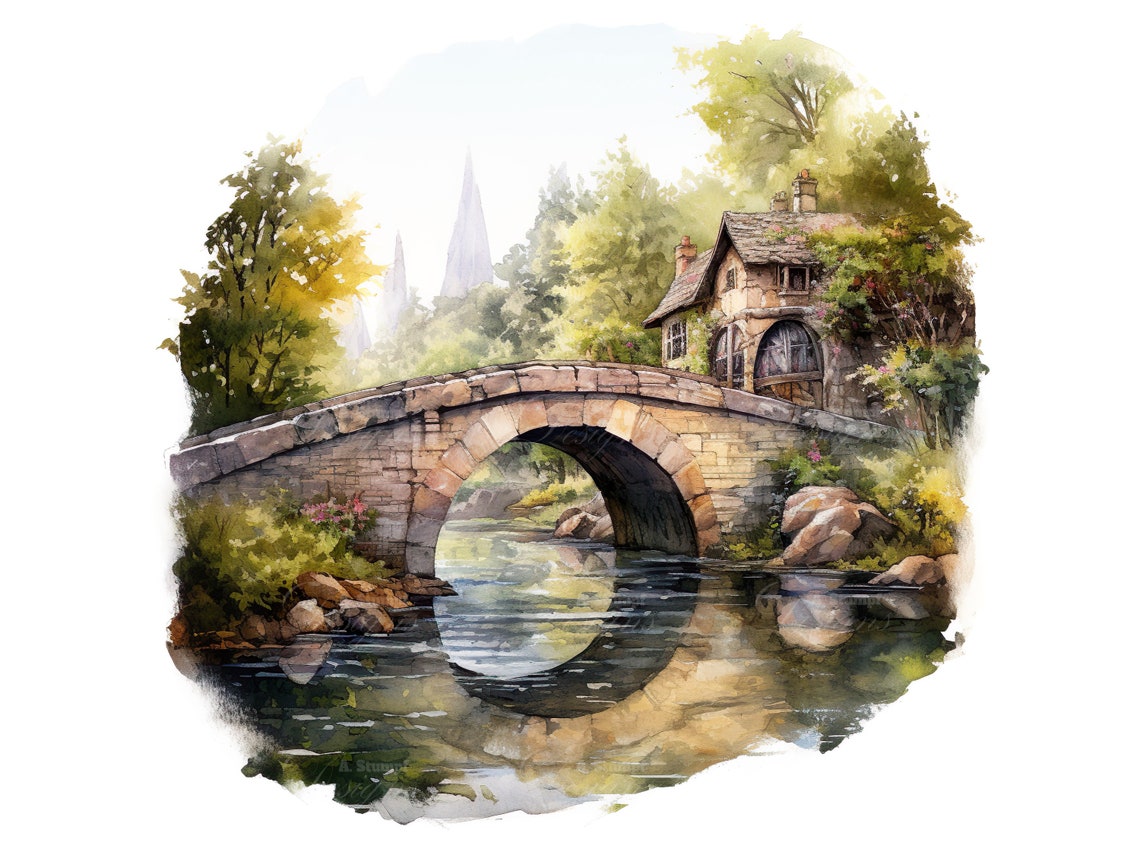 10 Cobblestone Bridge Summer Clipart, Digital Watercolor Painting ...