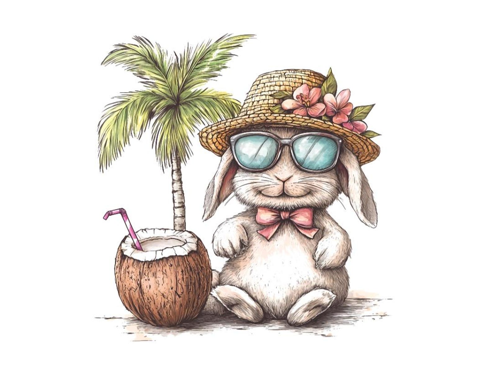 10 Tropical Bunny Clipart Set Digital Colored Rabbit Drawing Beach ...