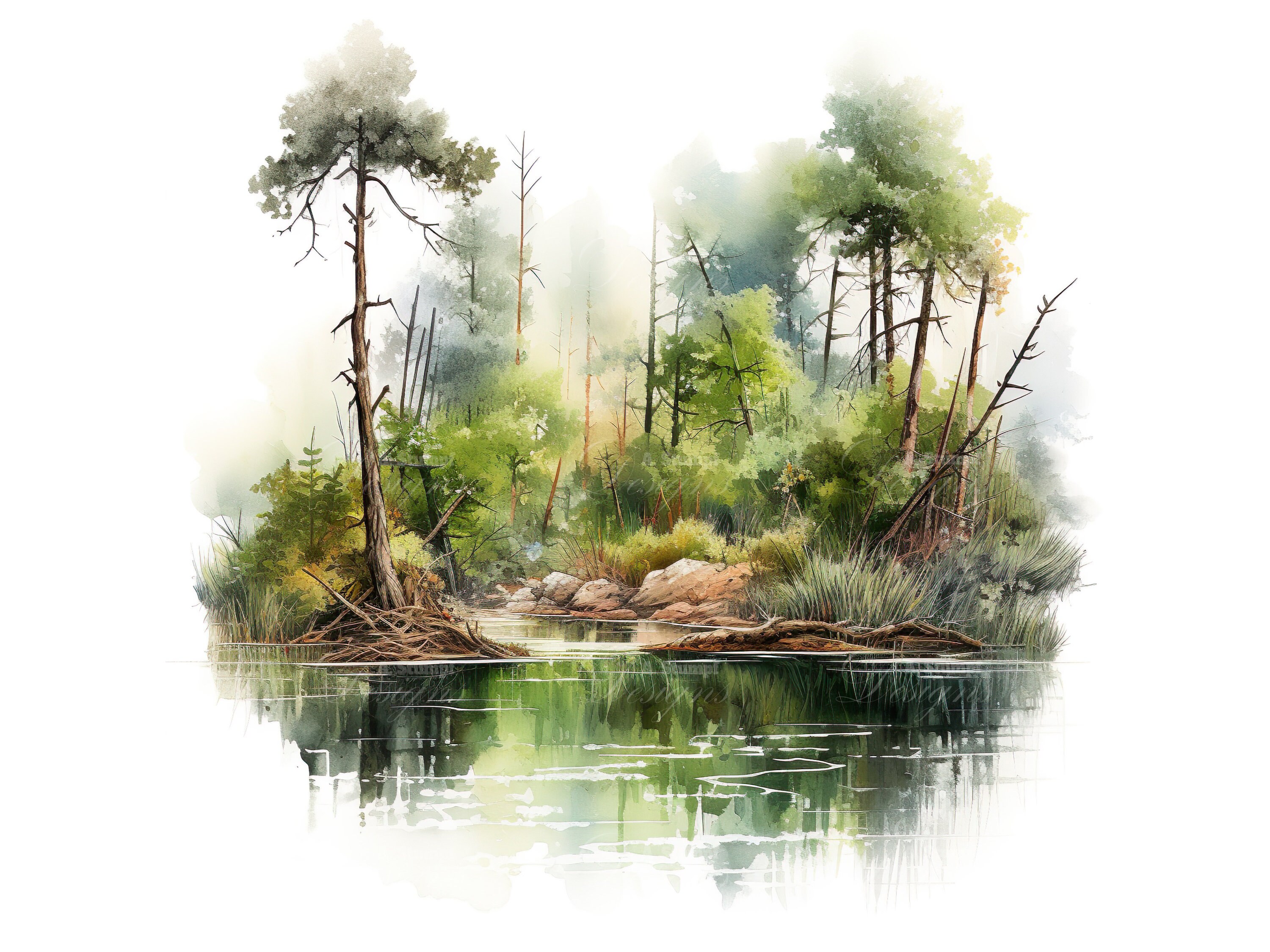 10 Swamp Landscape Clipart Set Wetland Scene Marsh Digital Watercolor ...