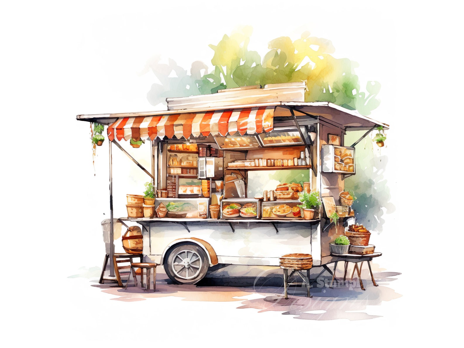 10 Street Food Cart Truck Clipart Set Digital Watercolor Painting ...