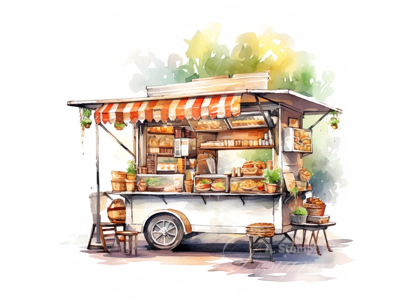 10 Street Food Cart Truck Clipart Set Digital Watercolor Painting ...