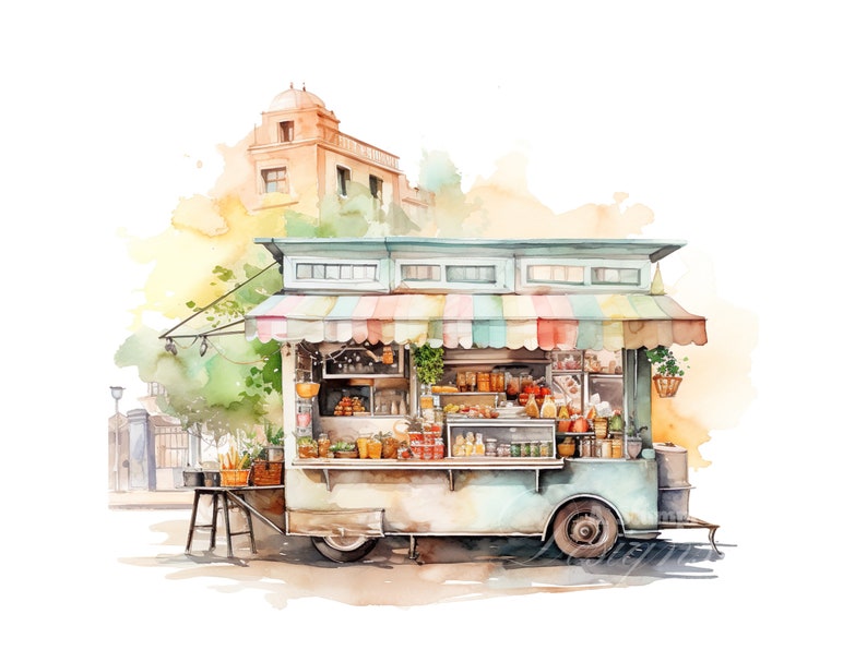 10 Street Food Cart Truck Clipart Set Digital Watercolor Painting ...