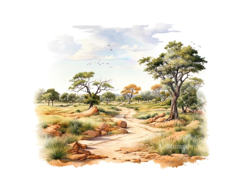 10 Savannah Landscape Clipart Set Panoramic Digital Watercolor Painting ...