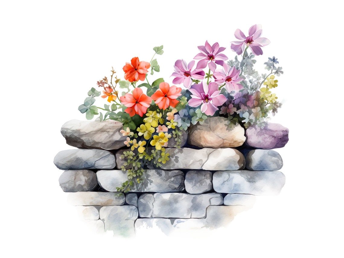 10 Floral Stone Wall Clipart Setdigital Watercolor Painting Flower ...