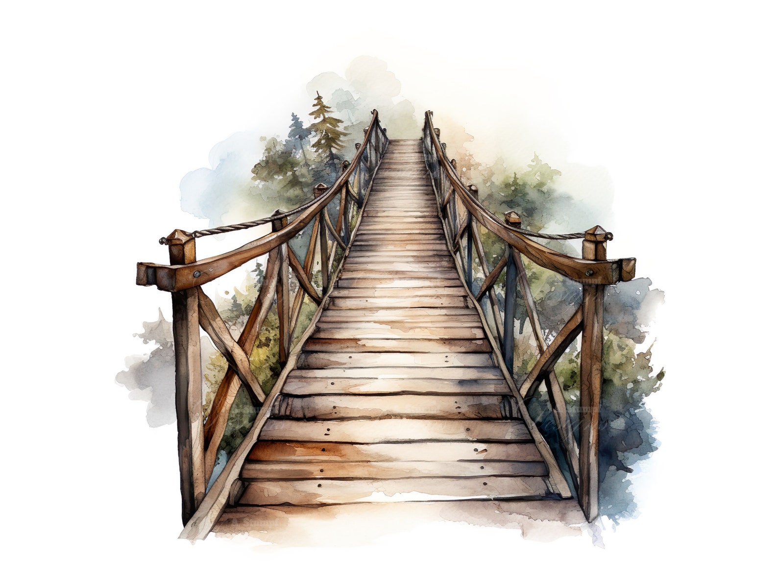 10 Old Wooden Suspension Hanging Bridge, Digital Watercolor Painting ...