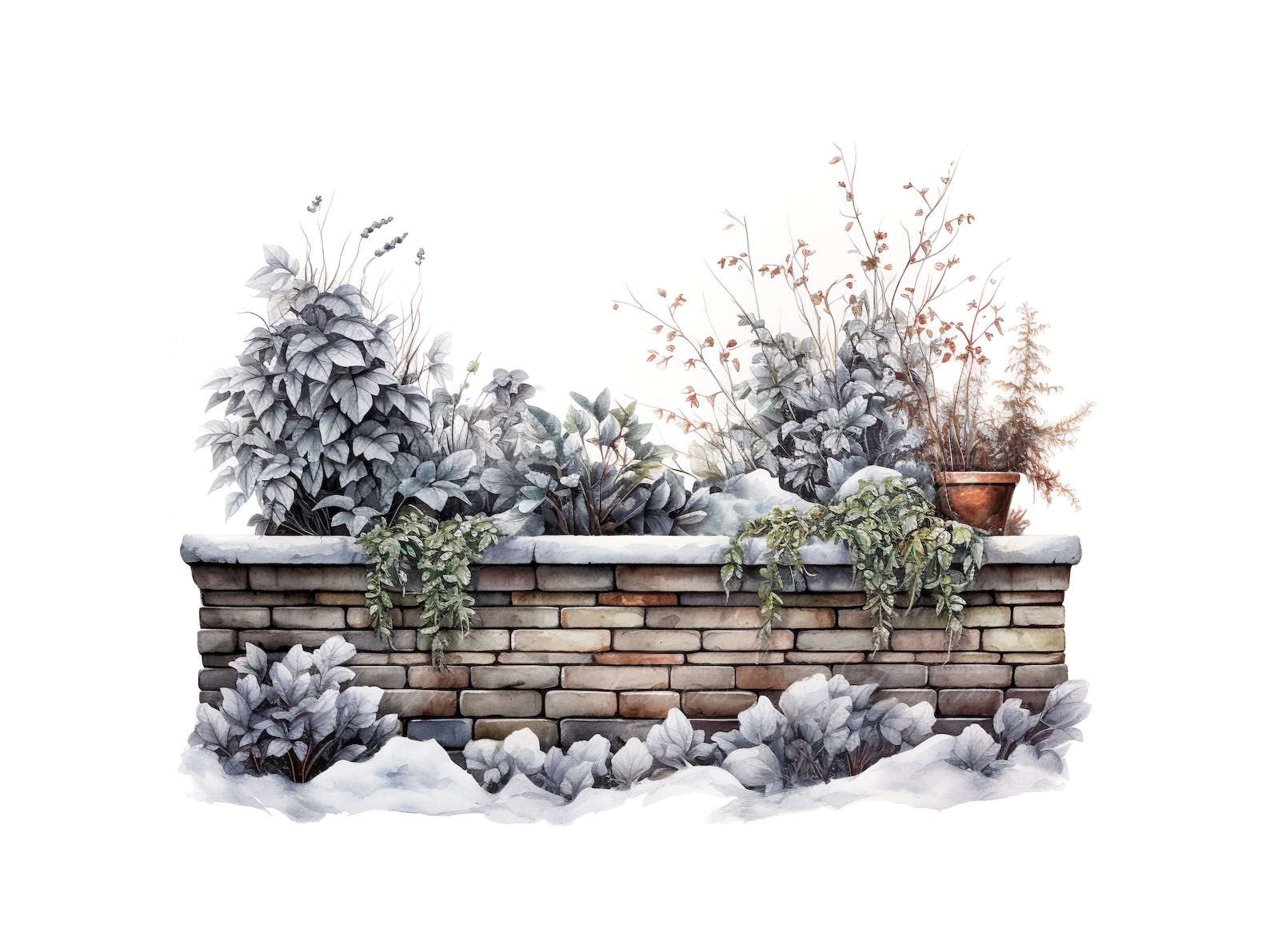 10 Garden Wall in Winter Clipart Set, Frosty Garden Painting Clip Art ...