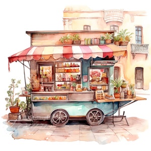 10 Street Food Cart Truck Clipart Set Digital Watercolor Painting ...