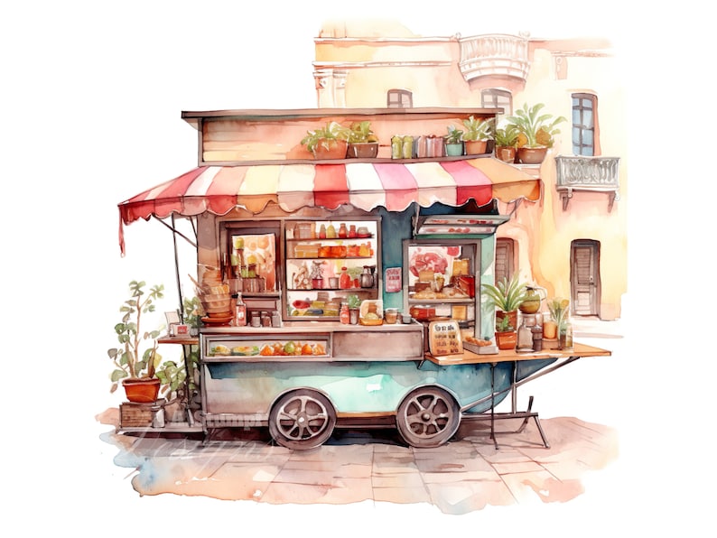 10 Street Food Cart Truck Clipart Set Digital Watercolor Painting ...