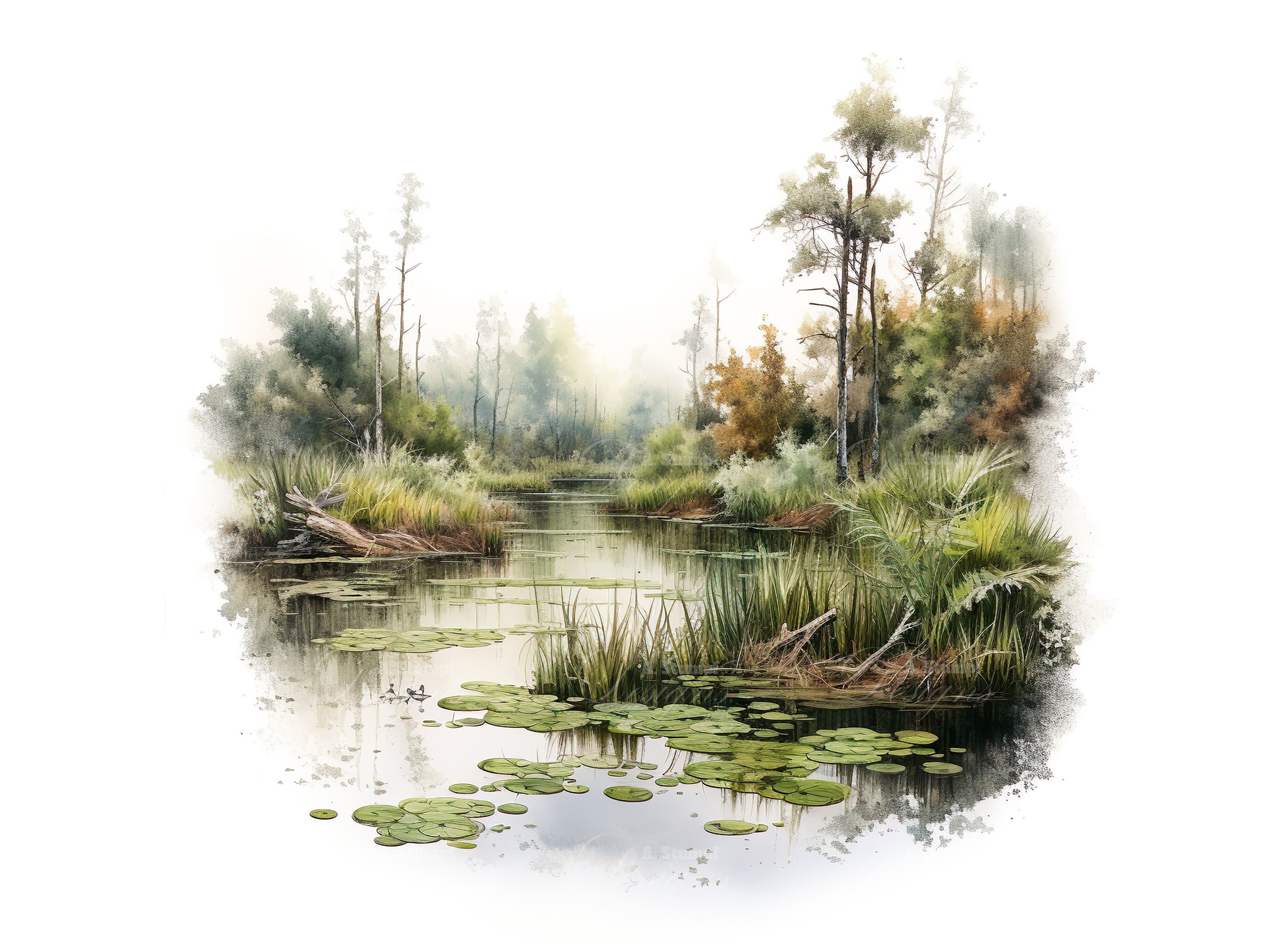 10 Swamp Landscape Clipart Set Wetland Scene Marsh Digital Watercolor ...