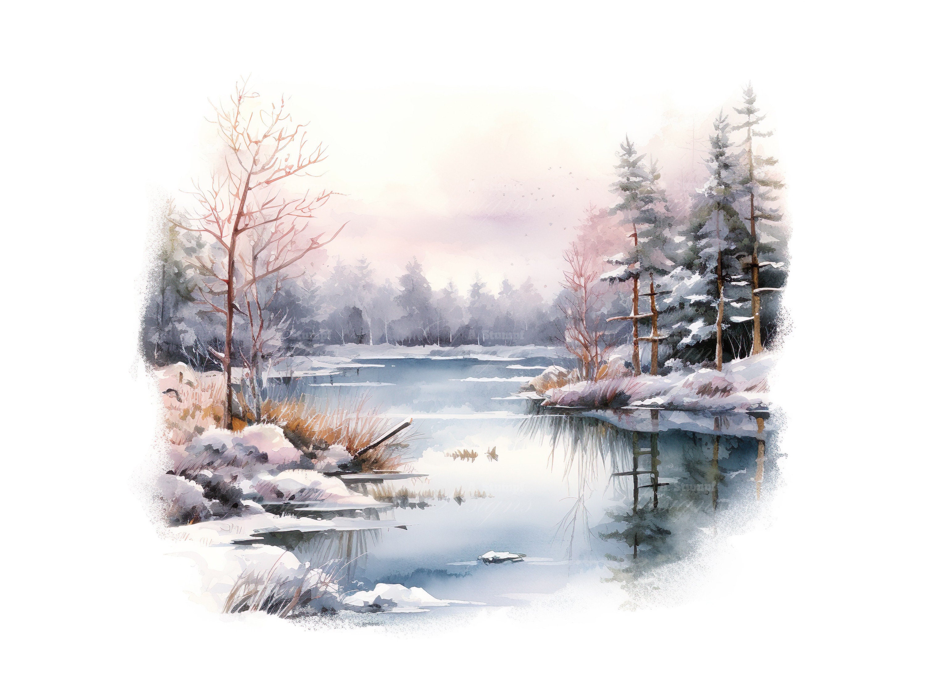 10 Winter Lake Landscape Clipart Set Digital Watercolor Painting Snowy ...