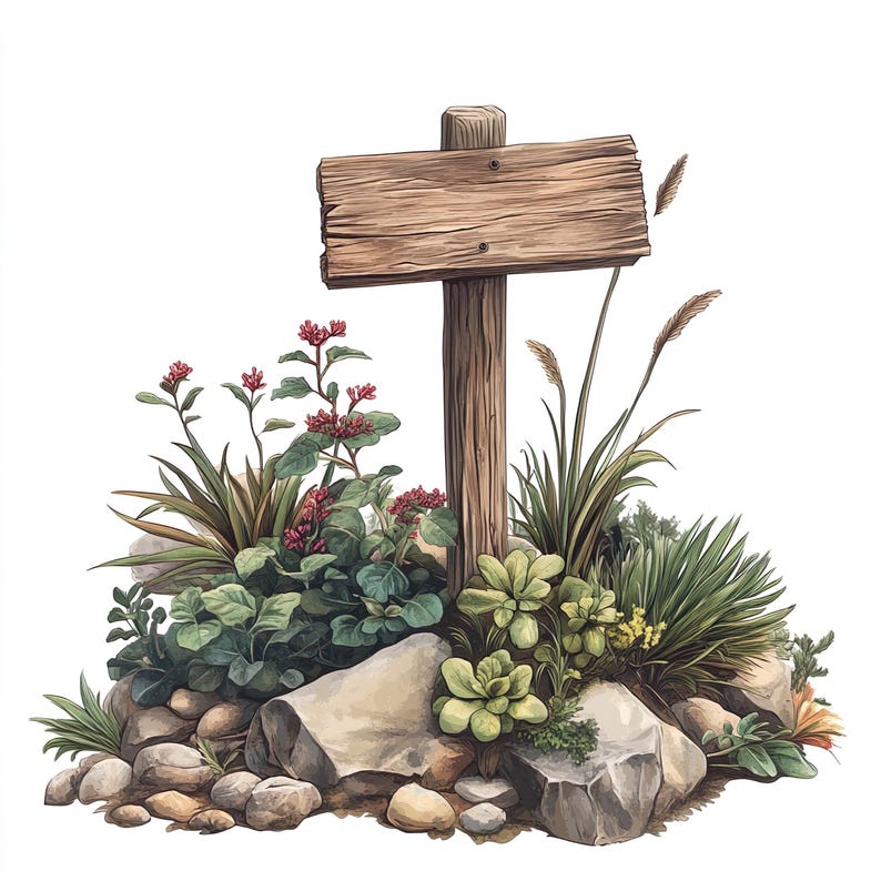 10 Old Empty Wooden Garden Sign With Rocks and Plants Clipart Set ...