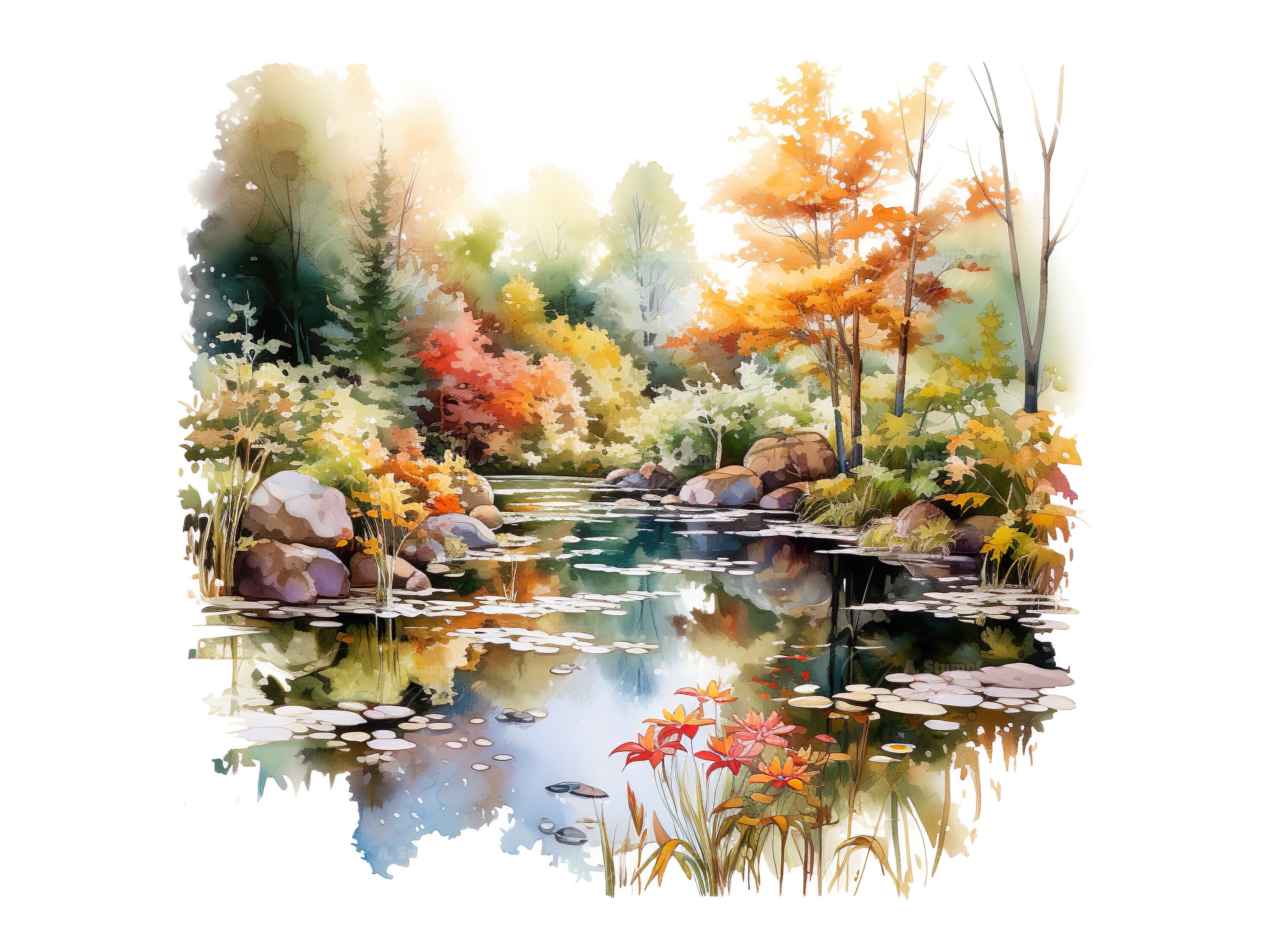 10 Garden Pond in Autumn Clipart Set Fall Pond Scene Illustration ...