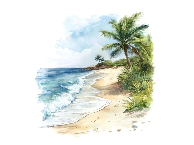10 Beach Scene Clipart Set Digital Watercolor Sea Painting Tropical ...