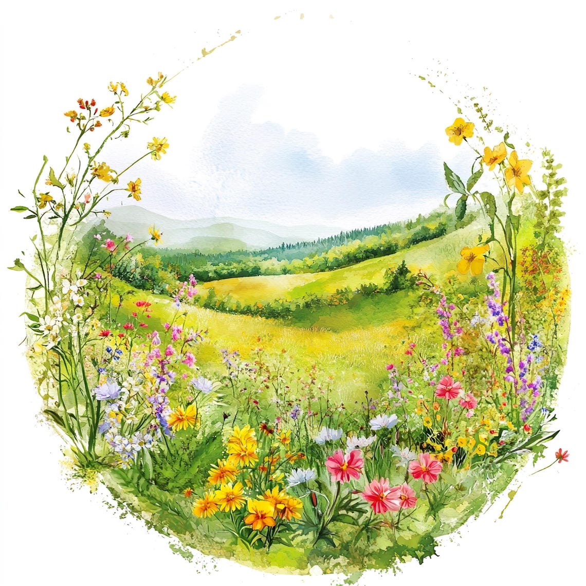 10 Spring Meadow Landscape Circle Shape Clipart Set Digital Watercolor ...