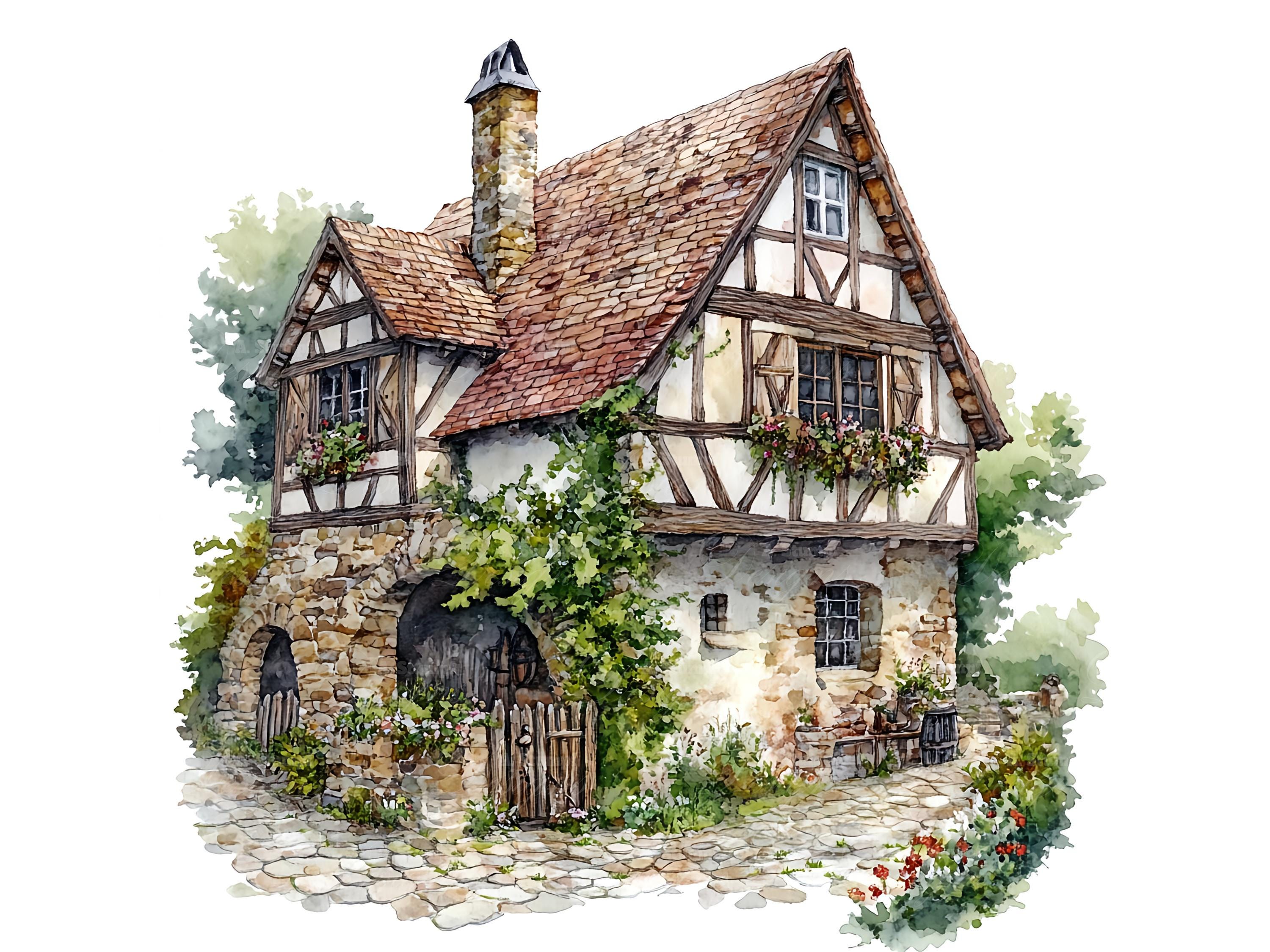 10 Medieval Era House Clipart Set Digital Watercolor Old Cottage ...