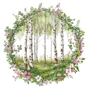 10 Spring Birch Tree Forest Landscape Wreath Clipart Set Digital ...