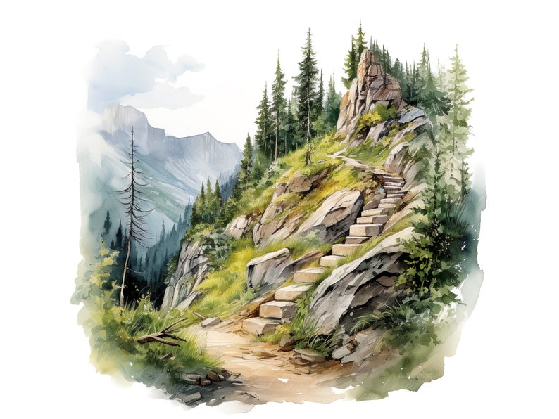 10 Rocky Hiking Trail in Summer Clipart Set Mountain Adventure Clip Art ...