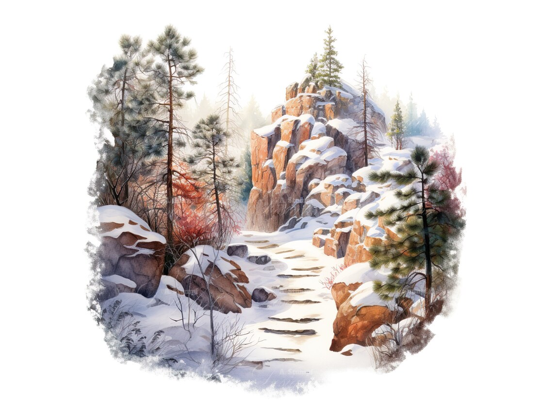 10 Rocky Hiking Trail in Winter Clipart Set Snowy Mountain Hike Digital ...