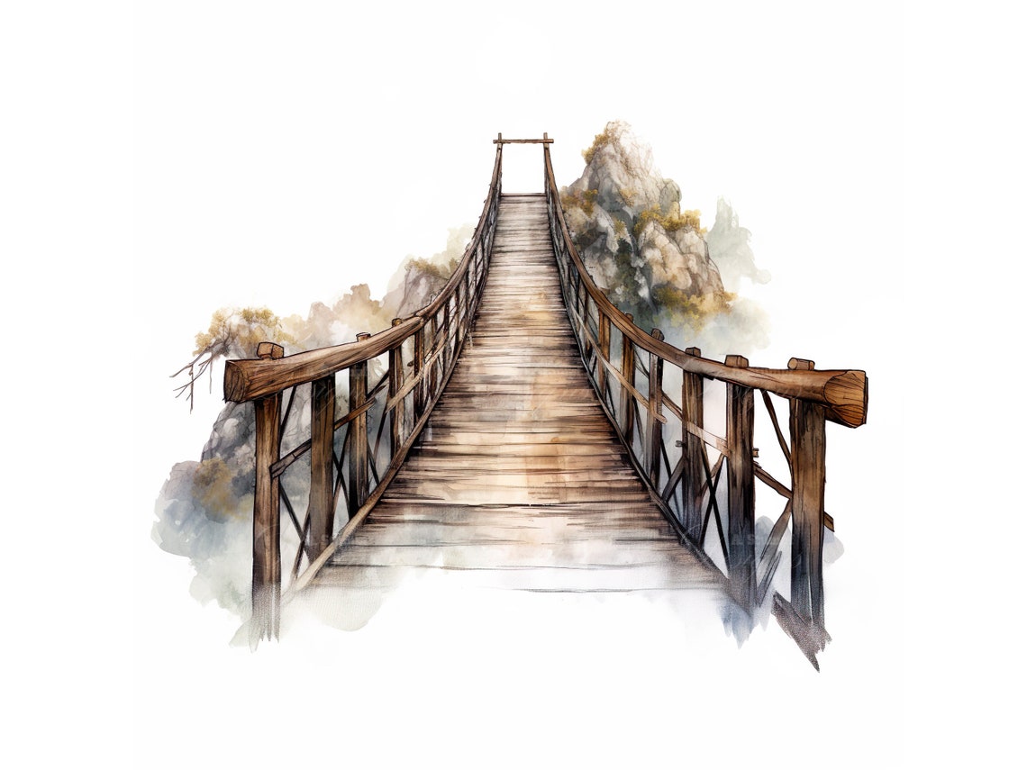 10 Old Wooden Suspension Hanging Bridge, Digital Watercolor Painting ...