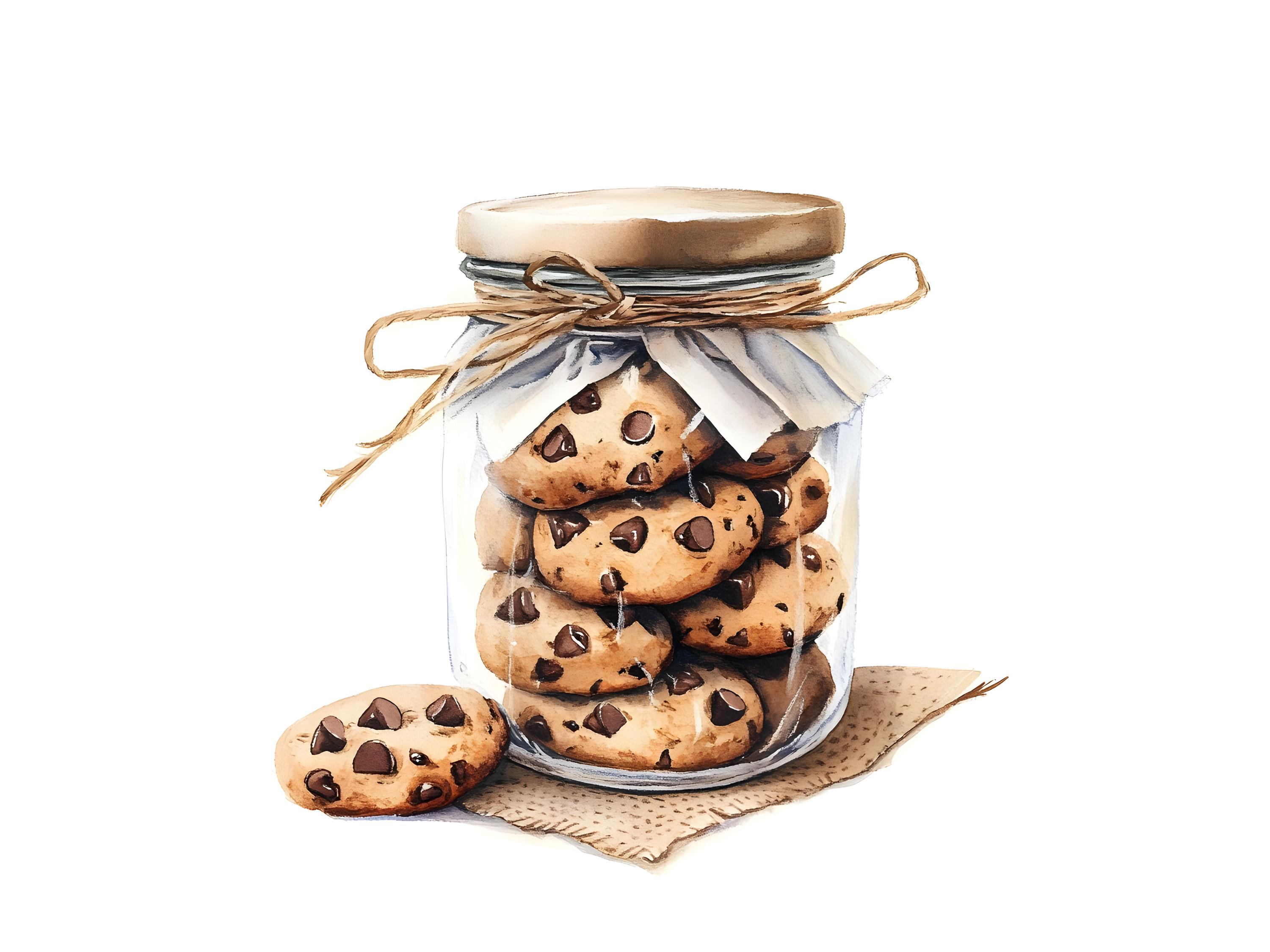 10 Chocolate Chip Cookies in a Jar Clipart Set Digital Watercolor ...