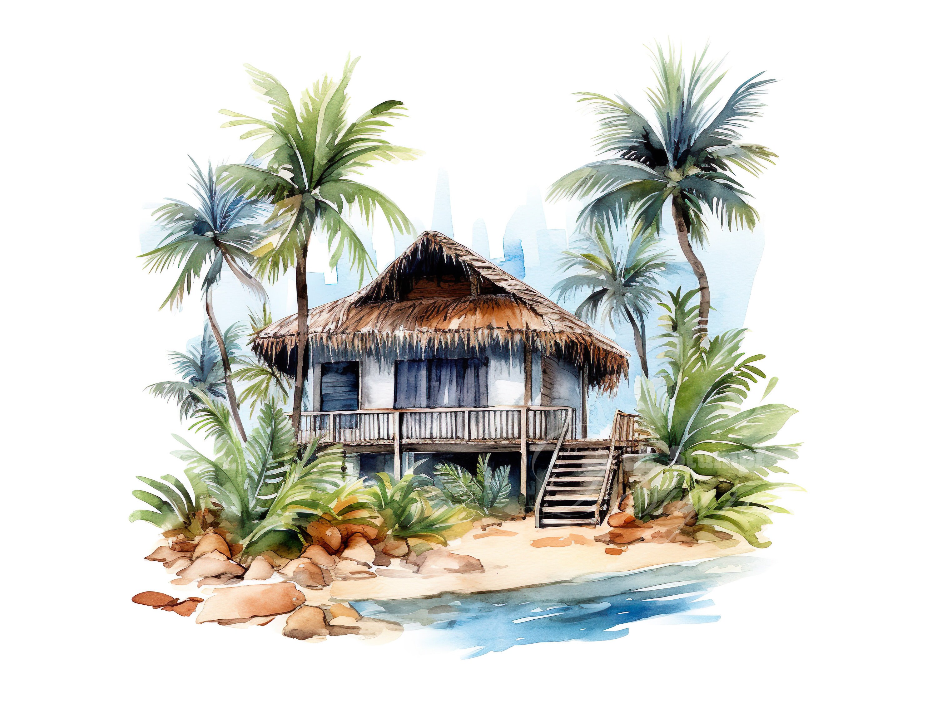 Palapa House Clipart, Tropical Hut Bundle, Beach Bungalow Set, Exotic Hut Clipart, Vacation Home ...
