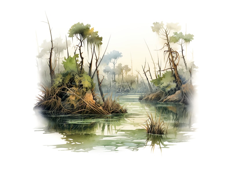 10 Swamp Landscape Wetland Scene Clipart Marsh Watercolor Set Bog ...